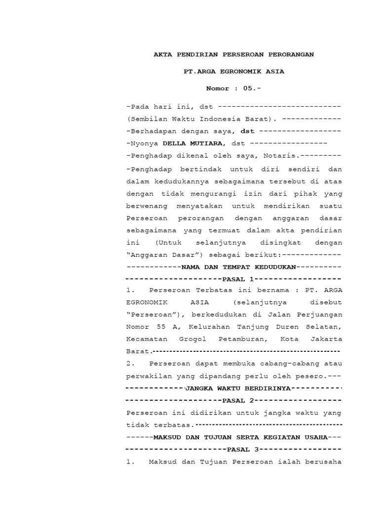Akta Pendirian Perseroan Perorangan.docx | PDF