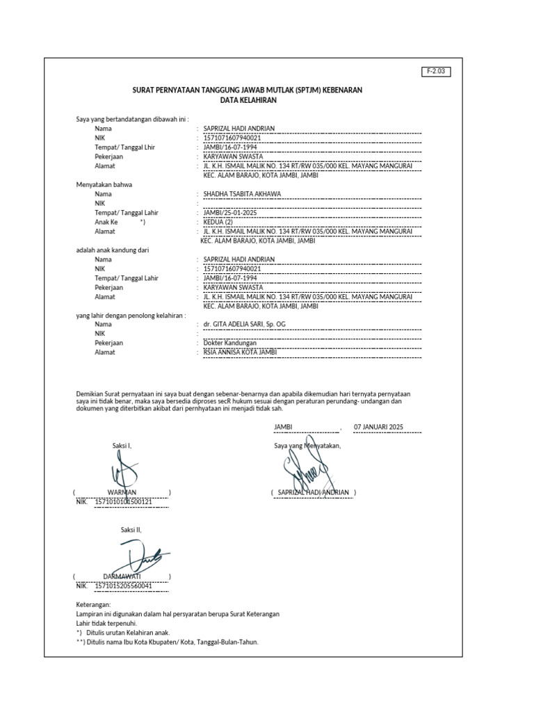 F-2.03 - Surat Pernyataan Tanggung Jawab Mutlak (SPTJM) Kebenaran Data ...
