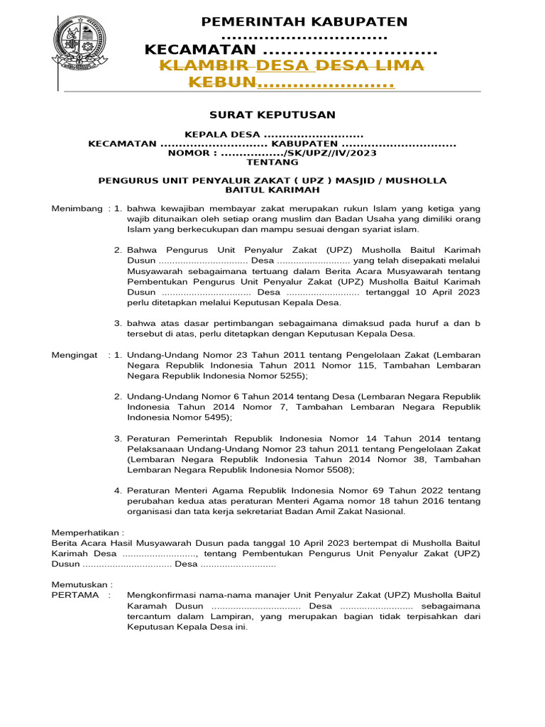SK Pengurus UPZ Musholla Baitul Karimah | PDF