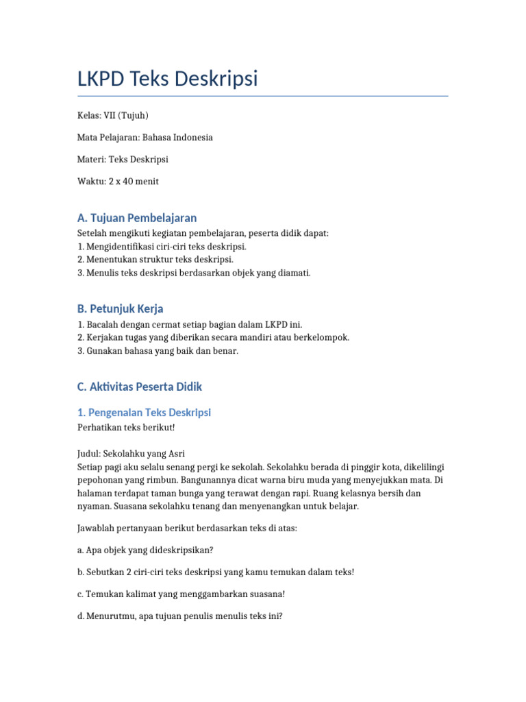 LKPD Teks Deskripsi Kelas 7 | PDF
