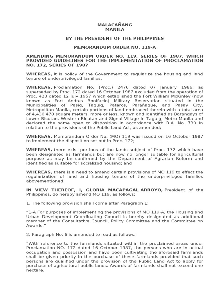 Memorandum Order No. 119-A S 1987 | PDF | Government | Justice