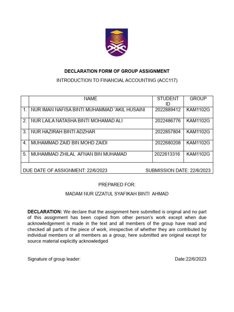 Group Assignment Declaration: ACC117 | PDF | Debits And Credits ...