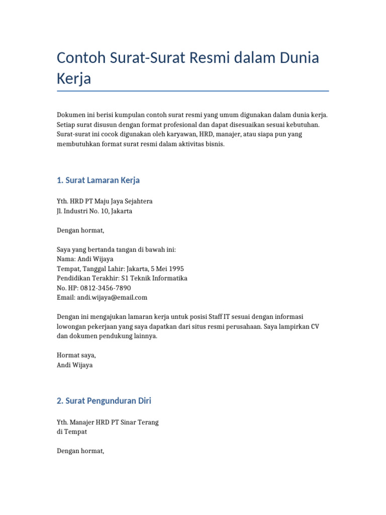 Contoh Surat Resmi untuk Dunia Kerja | PDF