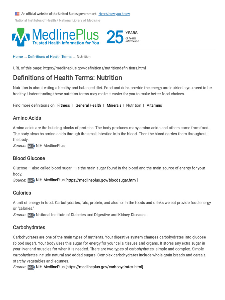 Definitions of Health Terms - Nutrition - MedlinePlus | PDF | Fat ...