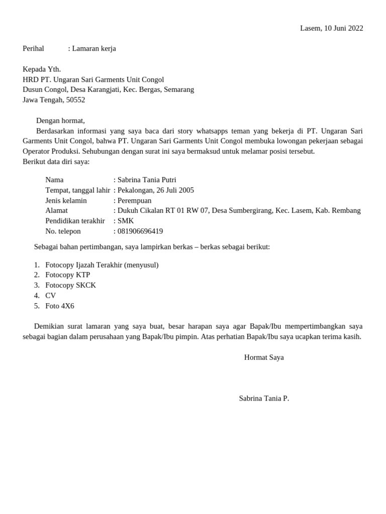 Surat Lamaran Kerja di PT Garment | PDF