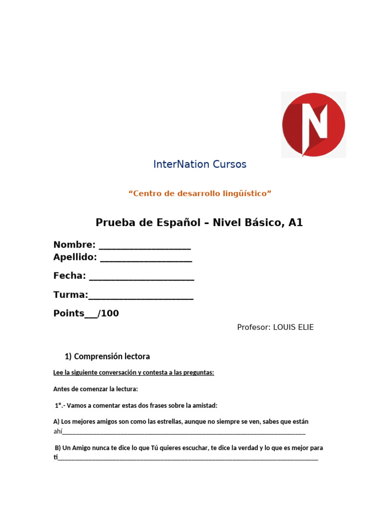 Internation Cursos: Prueba de Español - Nivel Básico, A1 | PDF