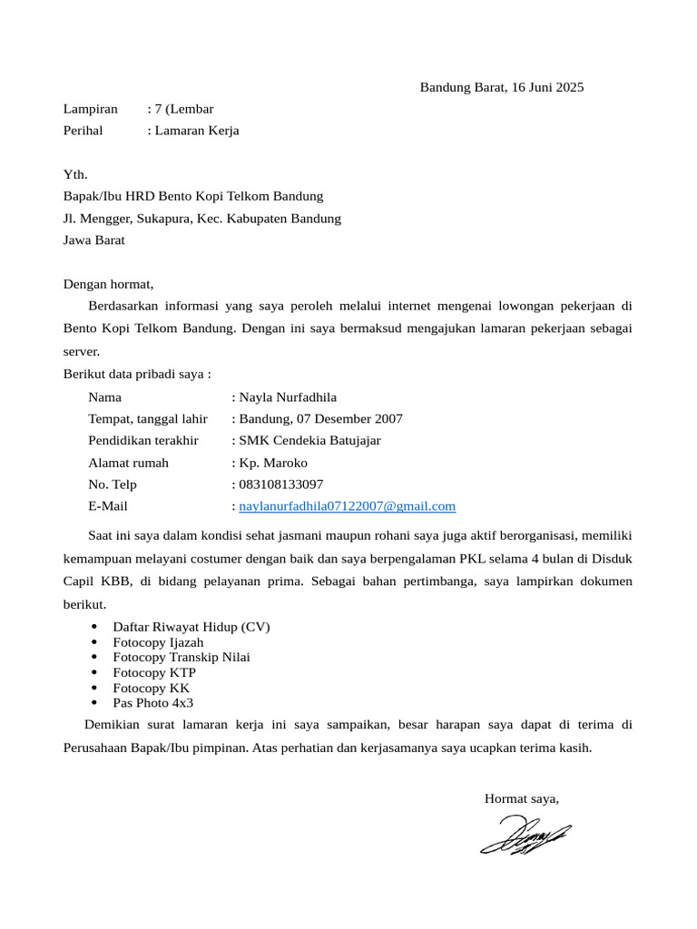 Lamaran Nayla Bento Kopi Telkom Bandung | PDF