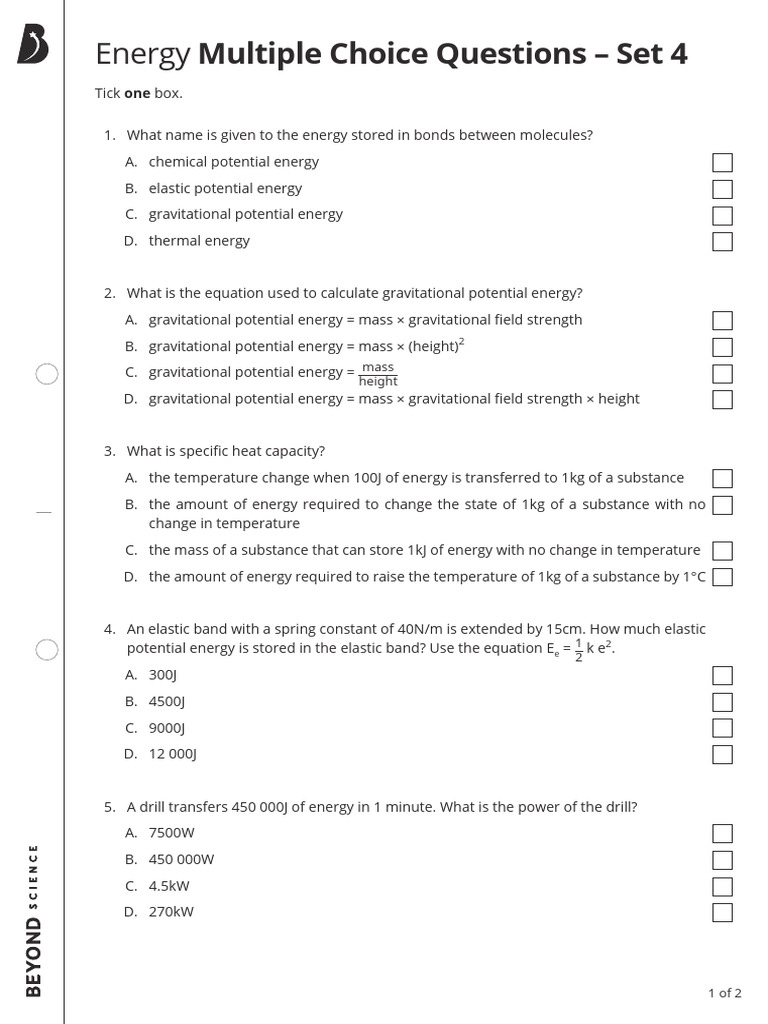 Energy Concepts: Multiple Choice Quiz | PDF | Potential Energy ...
