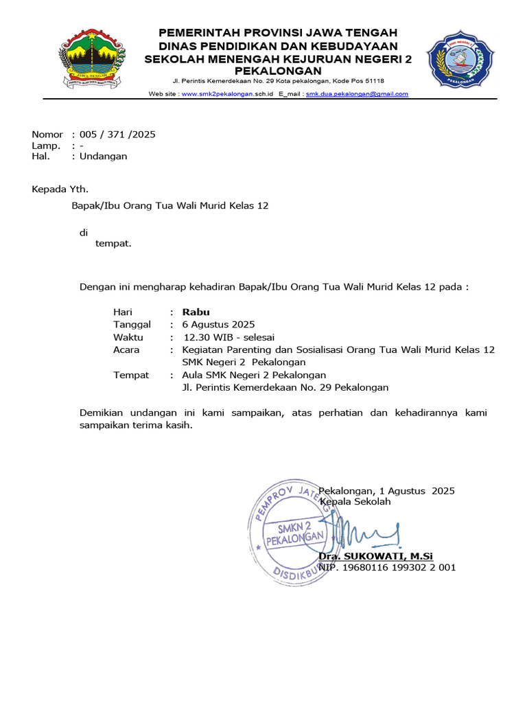 Undangan Parenting Kelas 12 SMK 2 Pekalongan | PDF