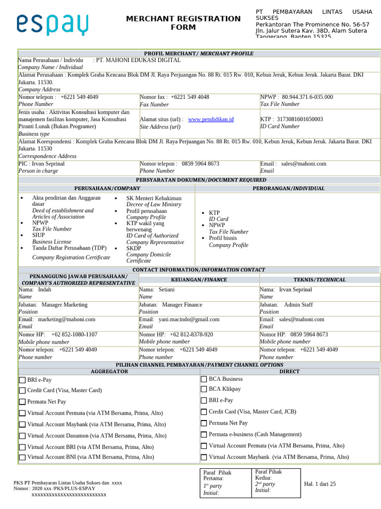 Formulir Pendaftaran Merchant Espay | PDF