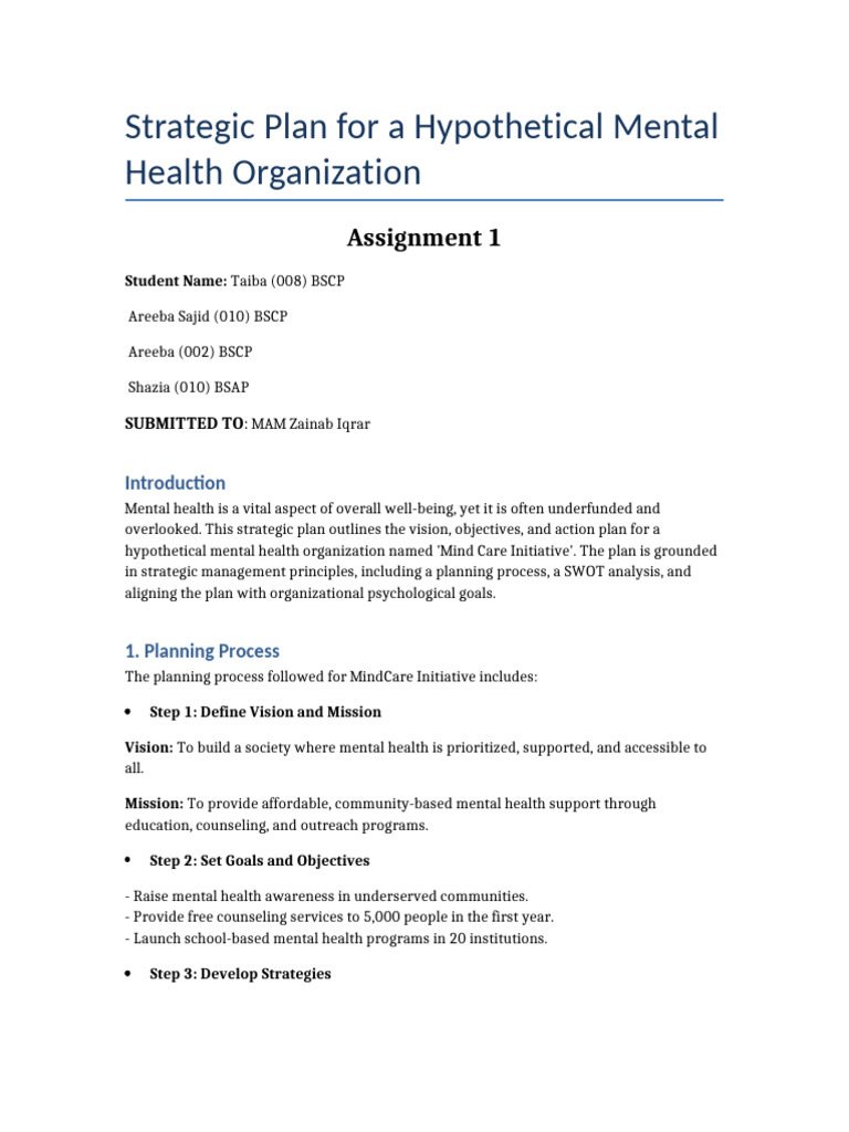 Strategic Plan for Mind Care Initiative | PDF | Mental Health | Psychology