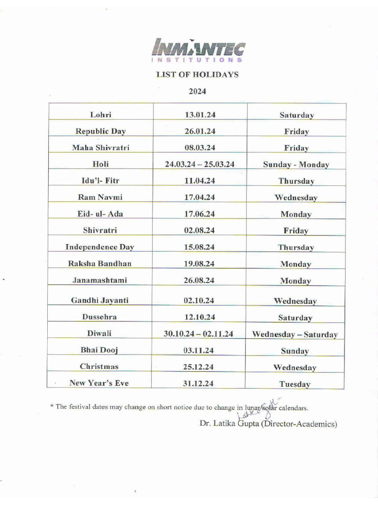 Holiday Calender 2024 | PDF