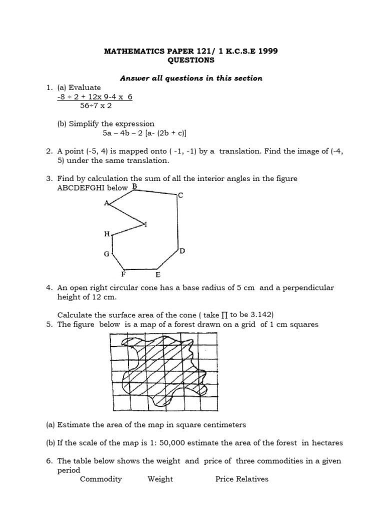 Kcse 1999 Mathematics Questions | PDF | Area | Geometric Shapes