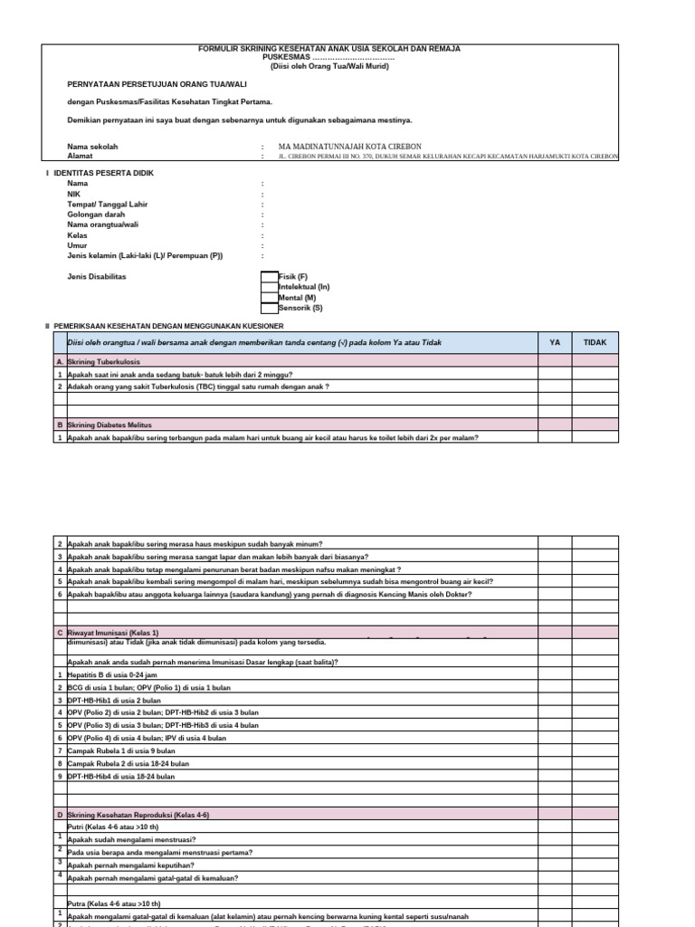 Formulir Skrining Kesehatang Anak Sekolah Dan Remaja (Kuesioner Seluruh Jenjang) (1) PKG | PDF