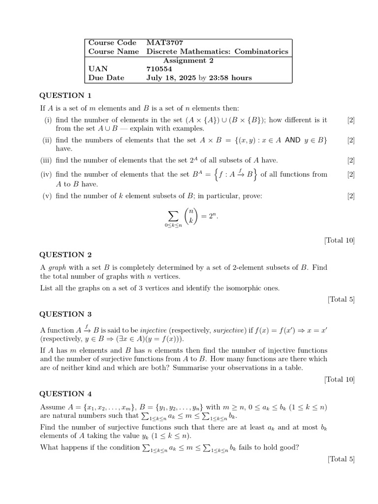 Discrete Math Assignment: Combinatorics | PDF | Function (Mathematics ...