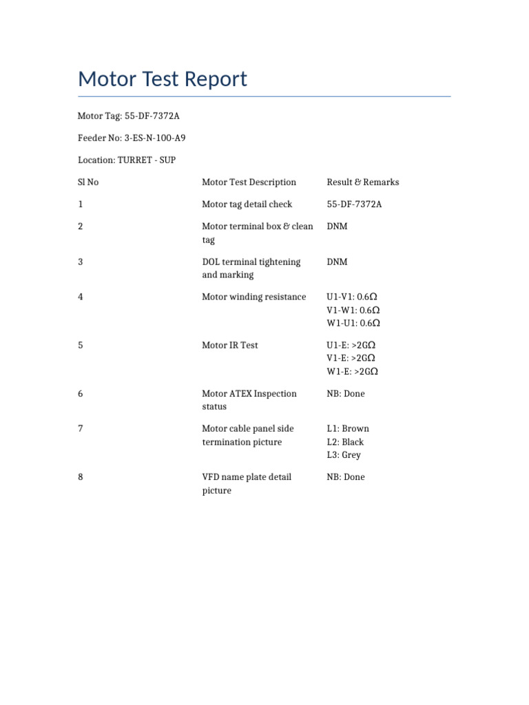 Motor Test Report Summary | PDF