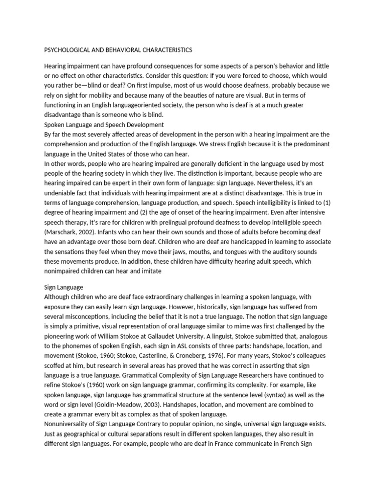 Characteristics Of Deafness Pdf American Sign Language Sign Language