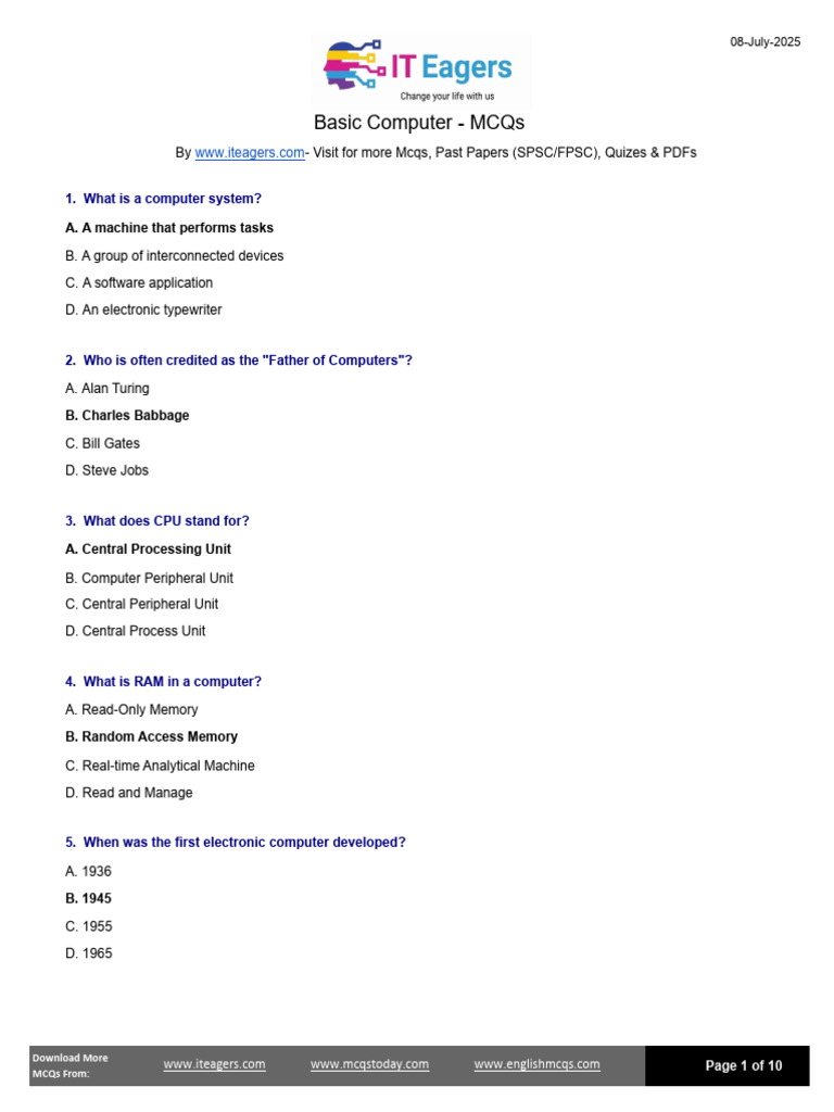 50 Computer MCQs with Answers PDF | PDF | Computer Data Storage | Solid ...