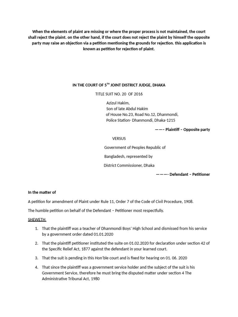 Petition for Rejection of Plaint Format | PDF | Lawsuit | Affidavit