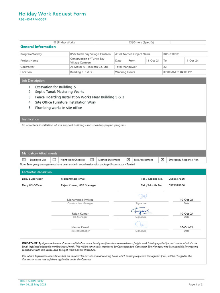 Holiday Work Request Form | PDF | Safety | Occupational Safety And Health