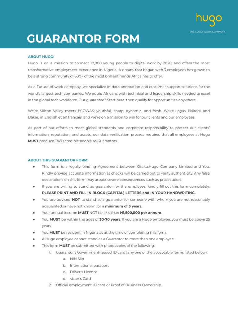 Hugo Guarantor Form | PDF | Employment | Identity Document