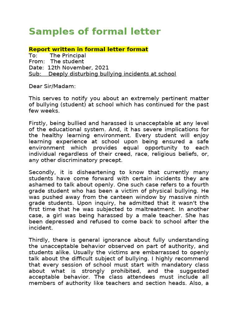 Formal Letter Samples on Bullying and Abuse | PDF | Bullying | Psychology