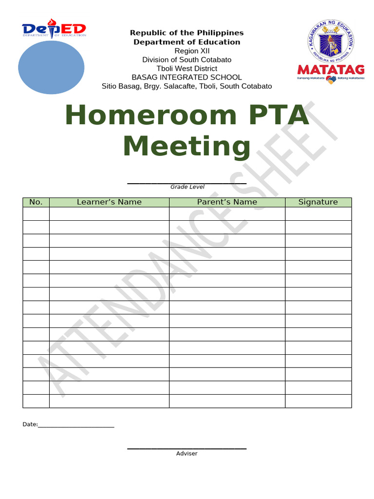 Homeroom PTA Meeting attendance sheet | PDF
