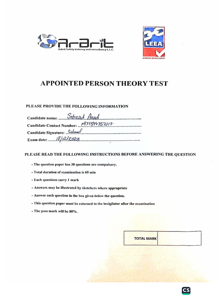 Sabzad LEEA Theory Exam | PDF