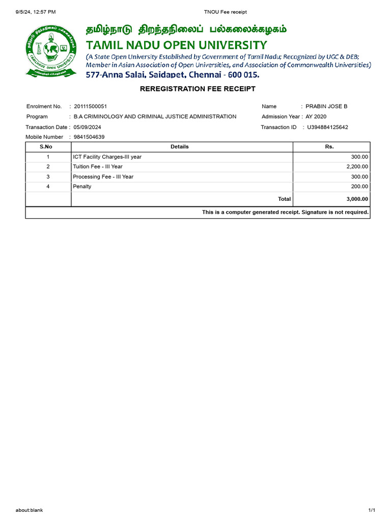 TNOU Fees Payment Receipt | PDF