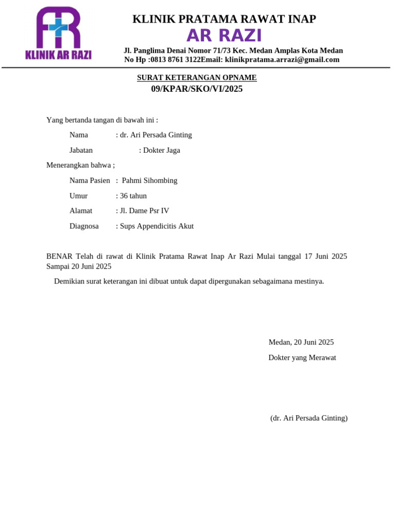 Surat Keterangan Opname PAHMI SIHOMBING | PDF