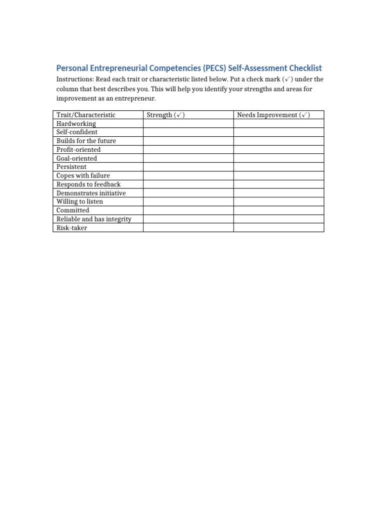 PECS Self Assessment Checklist | PDF
