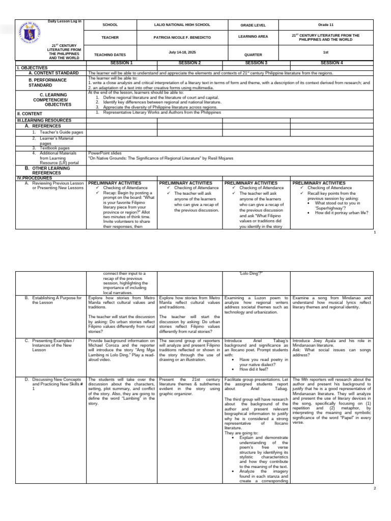 Grade 11 Literature Lesson Plan | PDF | Poetry | Learning