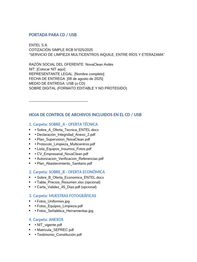 Portada y Hoja Control ENTEL USB | PDF