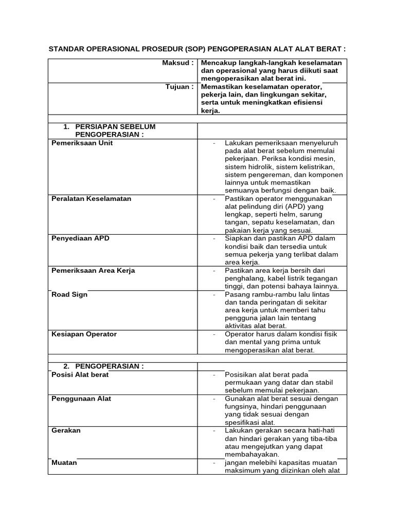 SOP Pengoperasian Alat Berat Aman | PDF