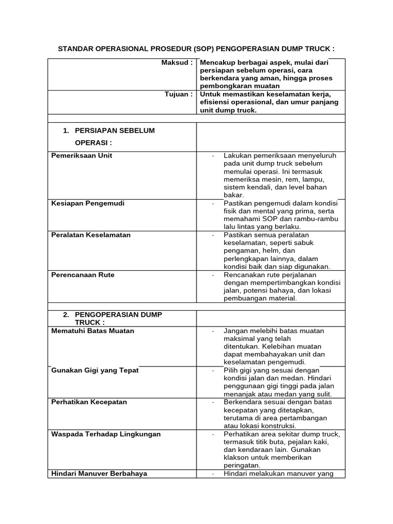 Sop Pengoperasian Dump Truck | PDF