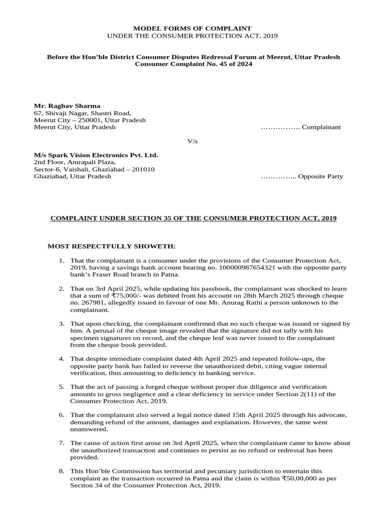 Model Form of Complaint | PDF | Appeal | Cheque