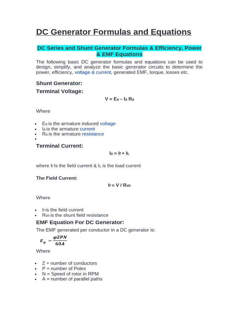 DC Generator Formulas and Equations | PDF | Electric Generator ...