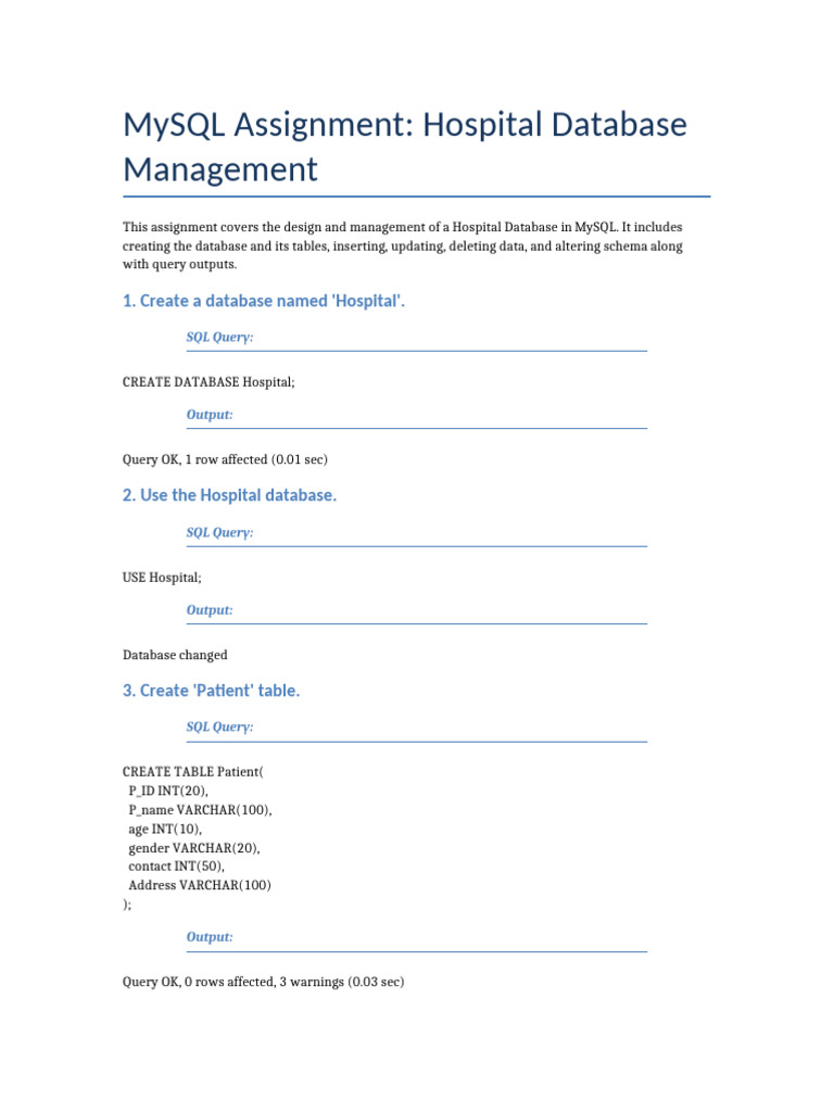 Detailed MySQL Hospital Assignment | PDF | Databases | Table (Database)