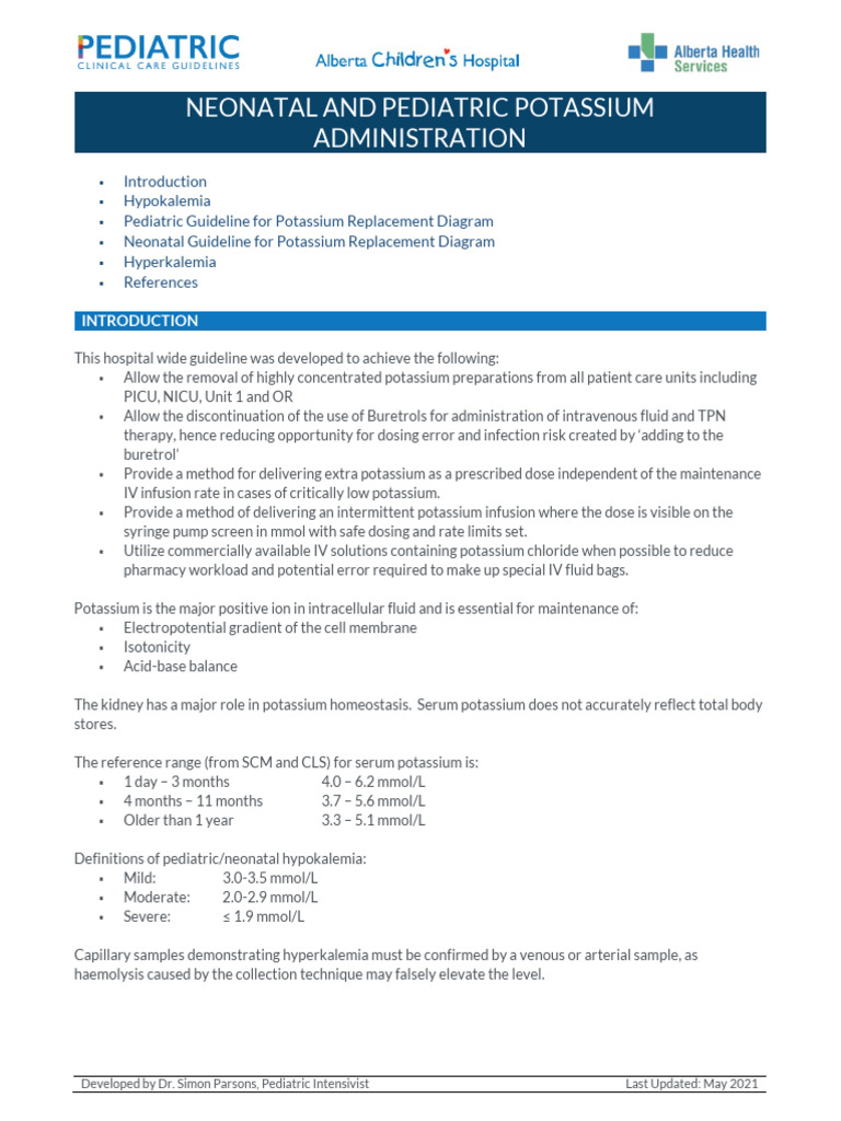 Pediatric Potassium Administration Guidelines | PDF | Intravenous ...