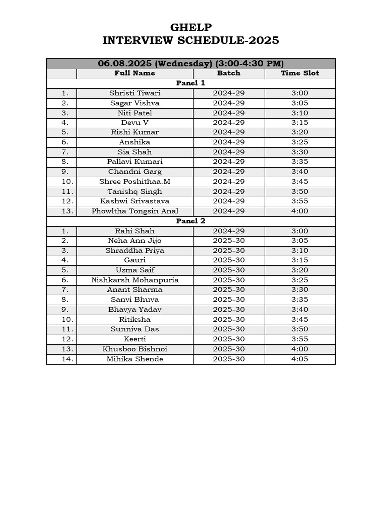 Interview Schedule GHELP 2025 | PDF | Chess Theory | Chess Openings