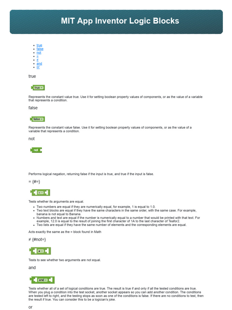 MIT App Inventor Logic Blocks | PDF