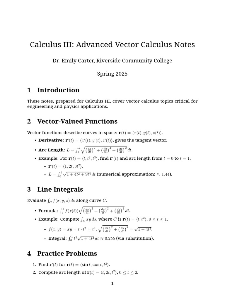 Calculus III: Advanced Vector Calculus Notes: Dr. Emily Carter ...