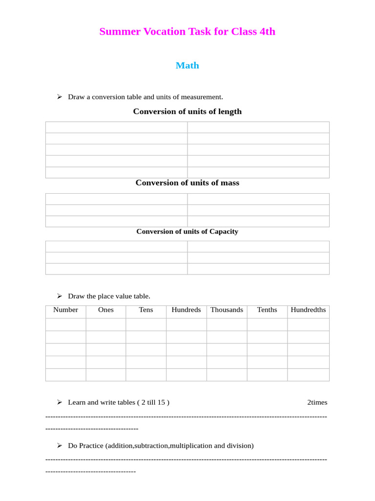 Summer Vocation Task For Class 4th | PDF