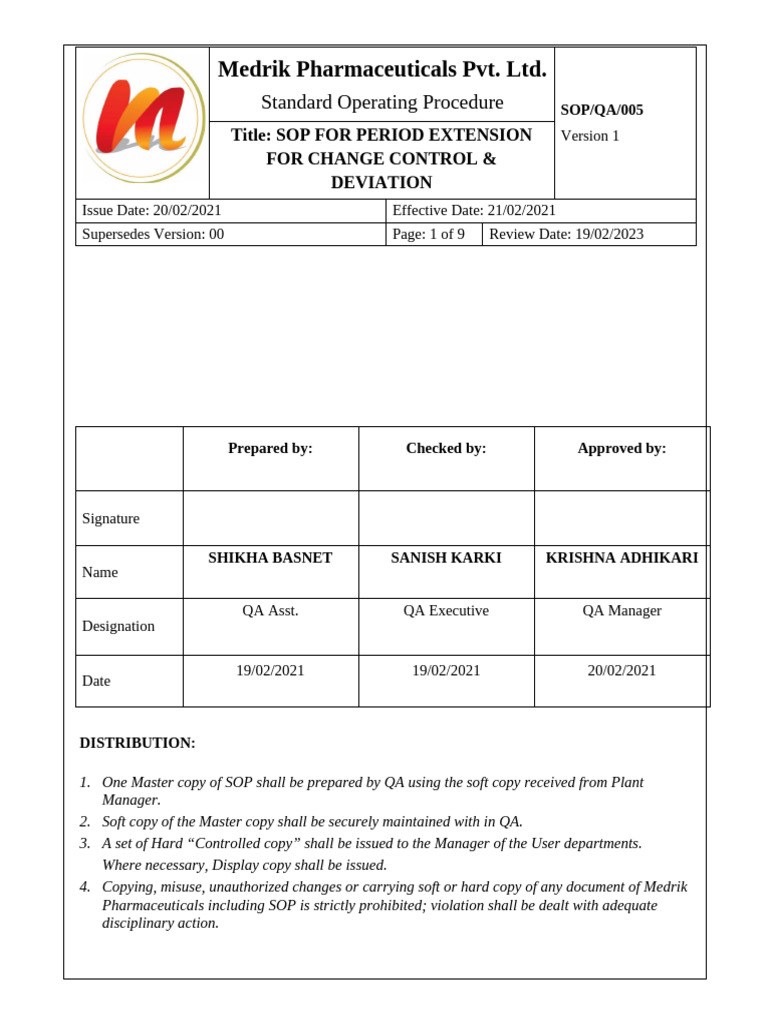 SOP For Period Extension For CCF | PDF | Risk | Quality Assurance