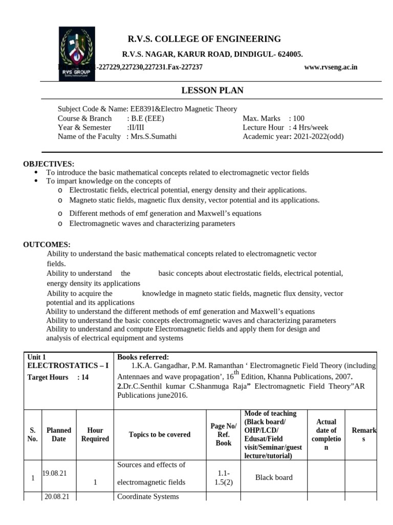Lesson Plan-Emt 2021 | PDF | Magnetic Field | Electromagnetic Field