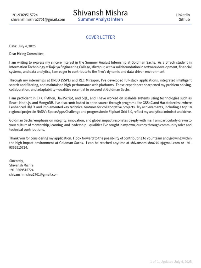 Shivansh Mishra Cover Letter | PDF