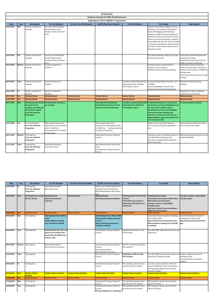 SR University Academic Calendar 2025-26 | PDF | Academic Term | Doctor ...