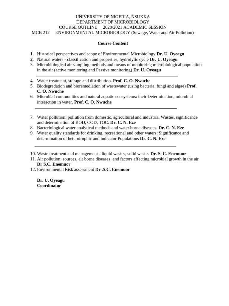 MCB 212 Environmental Microbiology Air Water Course Distribution ...
