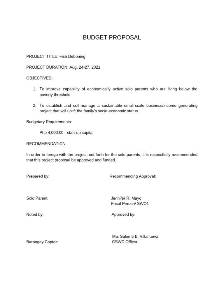 Fish Deboning Project Budget Proposal | PDF