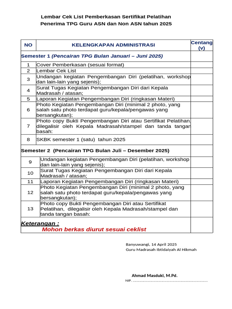Cek List Pemberkasan TPG 2025 | PDF